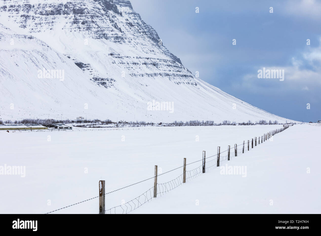 Fence around pasture along Önundarfjörður (fjord) near the village of ...