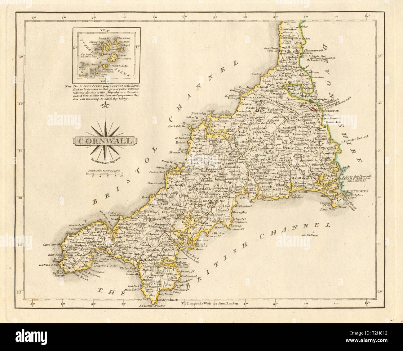 Antique county map of CORNWALL by JOHN CARY. Original outline colour ...