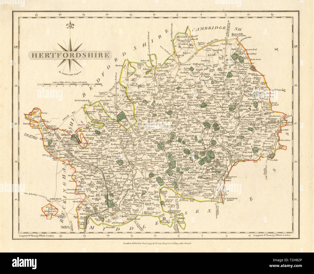 Antique county map of HERTFORDSHIRE by JOHN CARY. Original outline ...