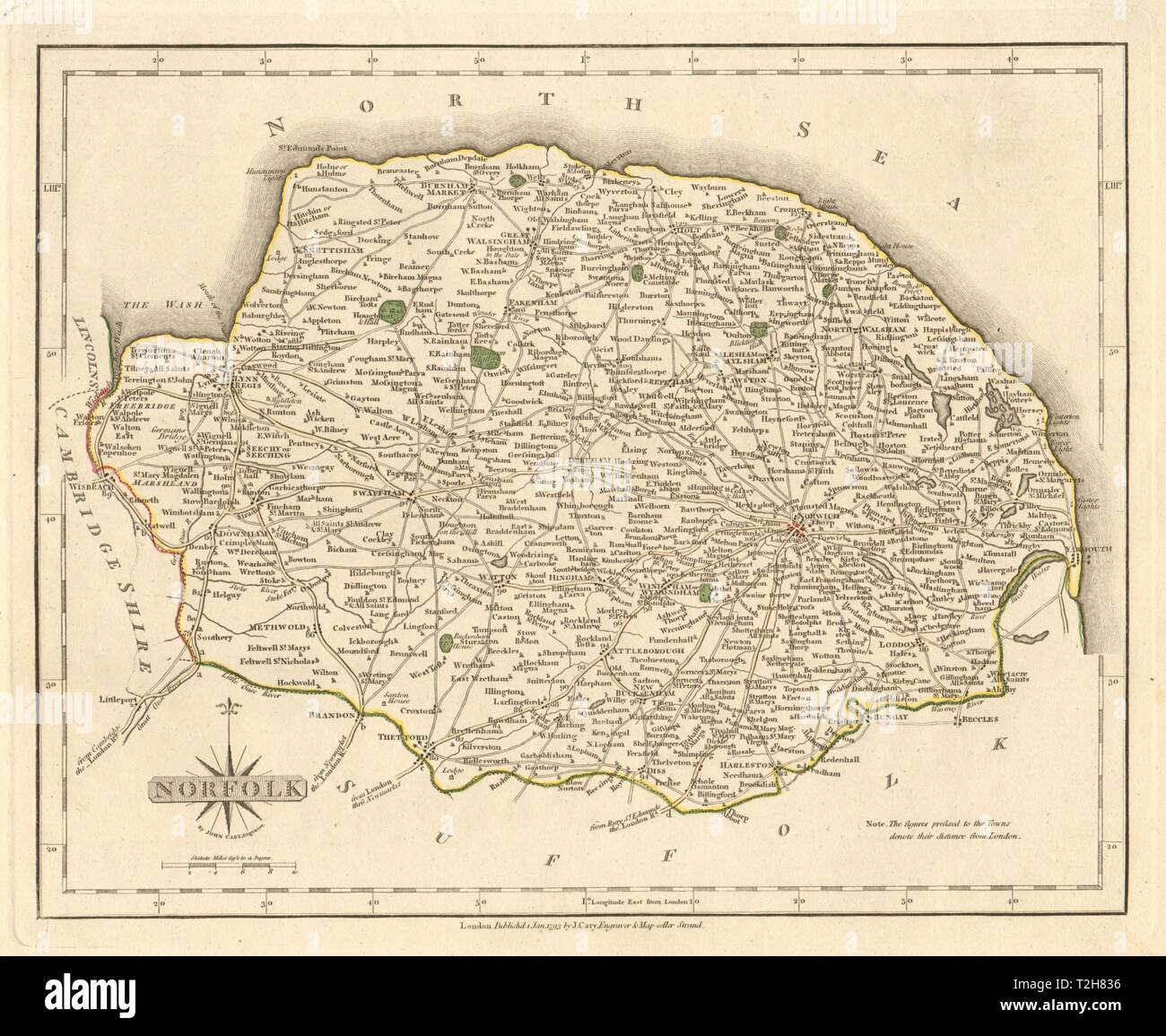 Antique county map of NORFOLK by JOHN CARY. Original outline colour ...