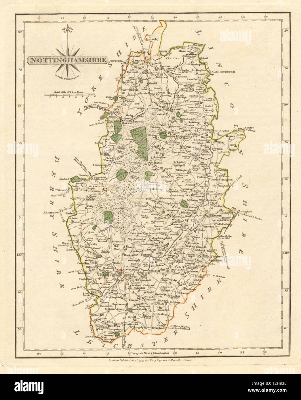 Antique county map of NOTTINGHAMSHIRE by JOHN CARY. Original outline ...