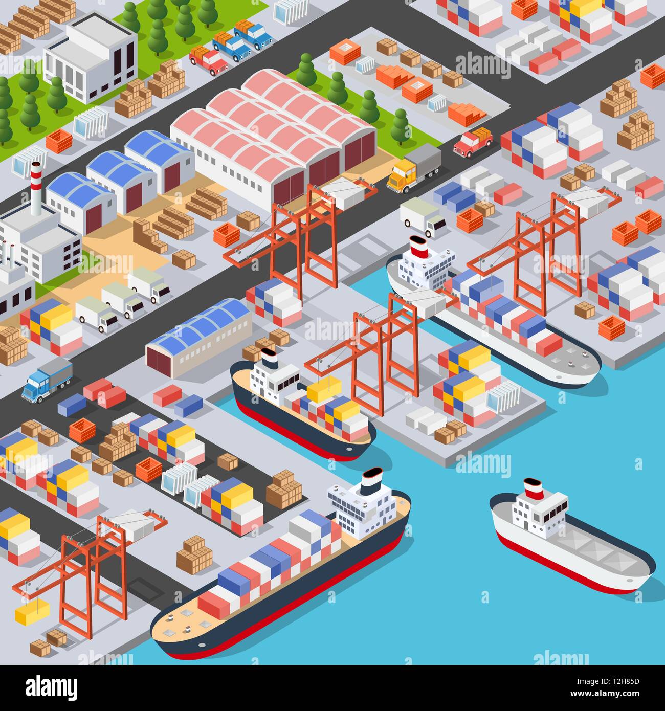 Isometric City industrial dock port with container cargo industry ...