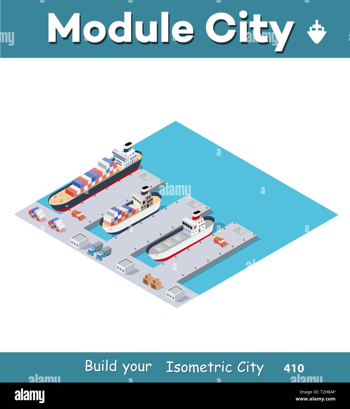 Isometric City industrial dock port with container cargo industry ...