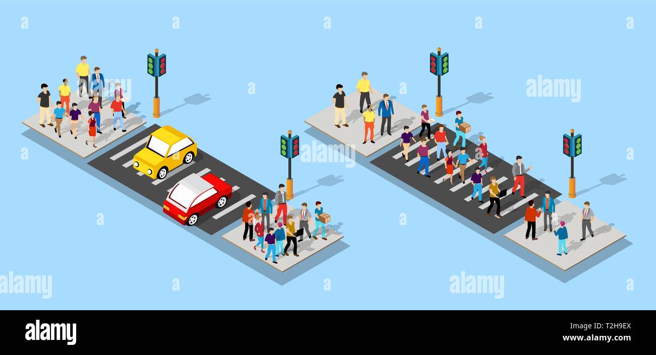 Isometric people walking on the street cross the road at a pedestrian ...
