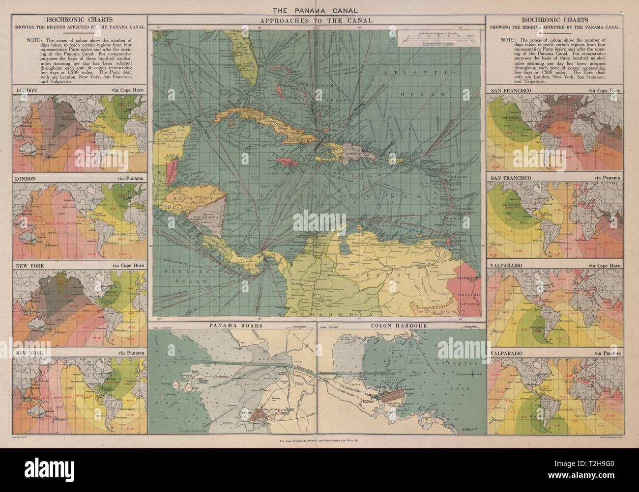 PANAMA CANAL approaches. Isochronic charts before/after opening. Colon ...