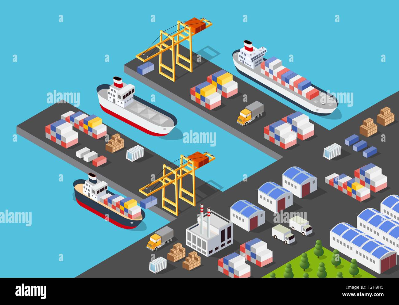 Isometric port cargo ship cargo seaport at sea with crane container ...