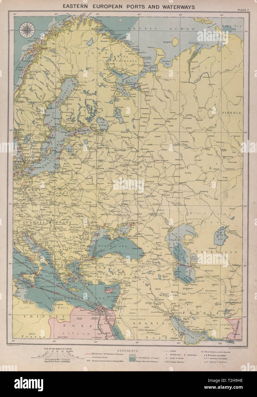 Eastern Europe sea chart Ports Lighthouses mail route Black Sea Baltic ...
