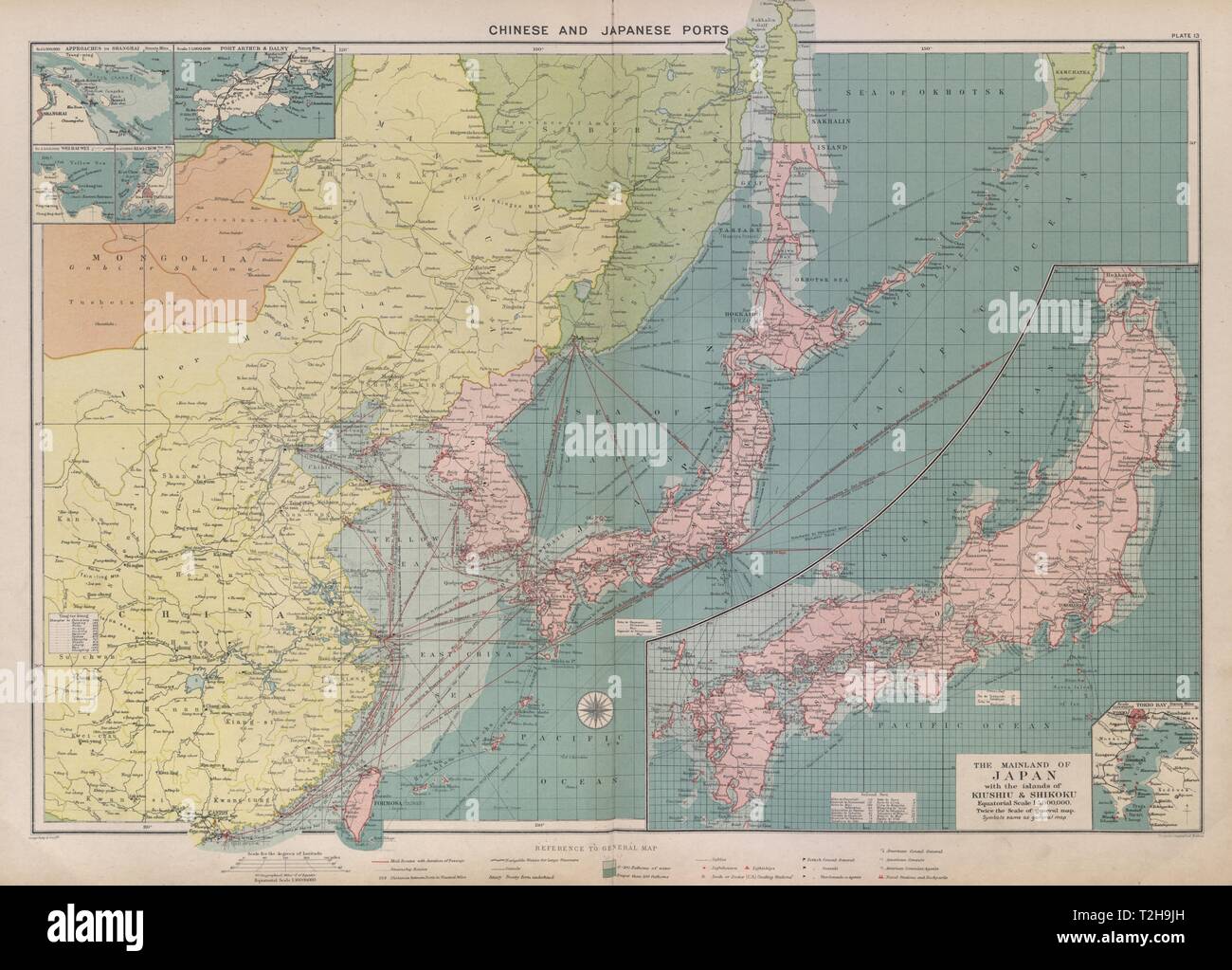 Chinese & Japanese Ports sea chart. lighthouses mail routes. LARGE 1916 ...