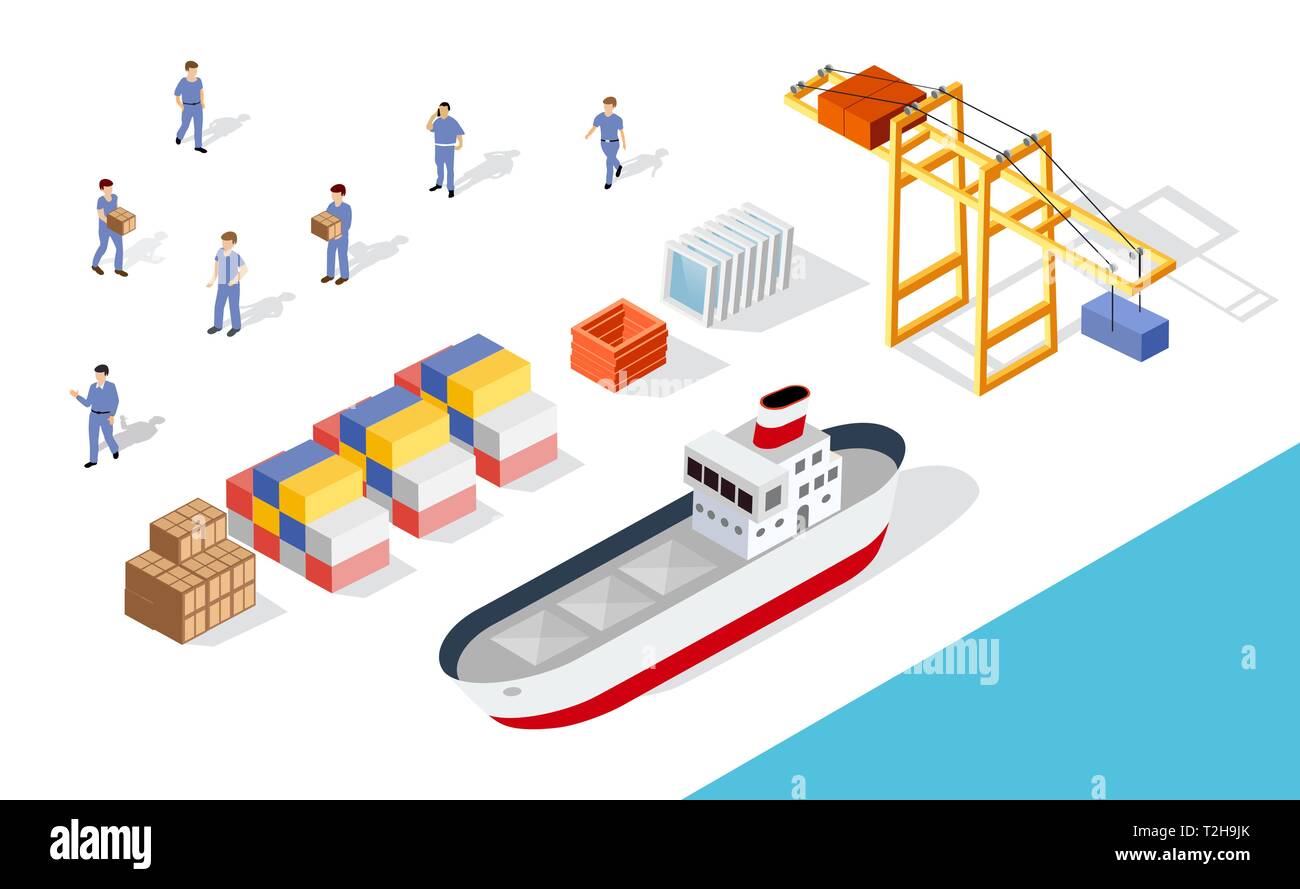 Isometric port cargo ship cargo seaport at sea with crane container ...