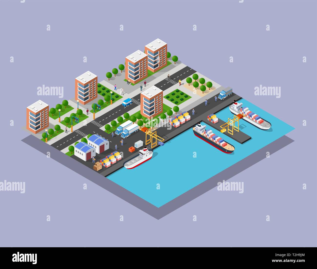 Isometric port cargo ship cargo seaport at sea with crane container ...