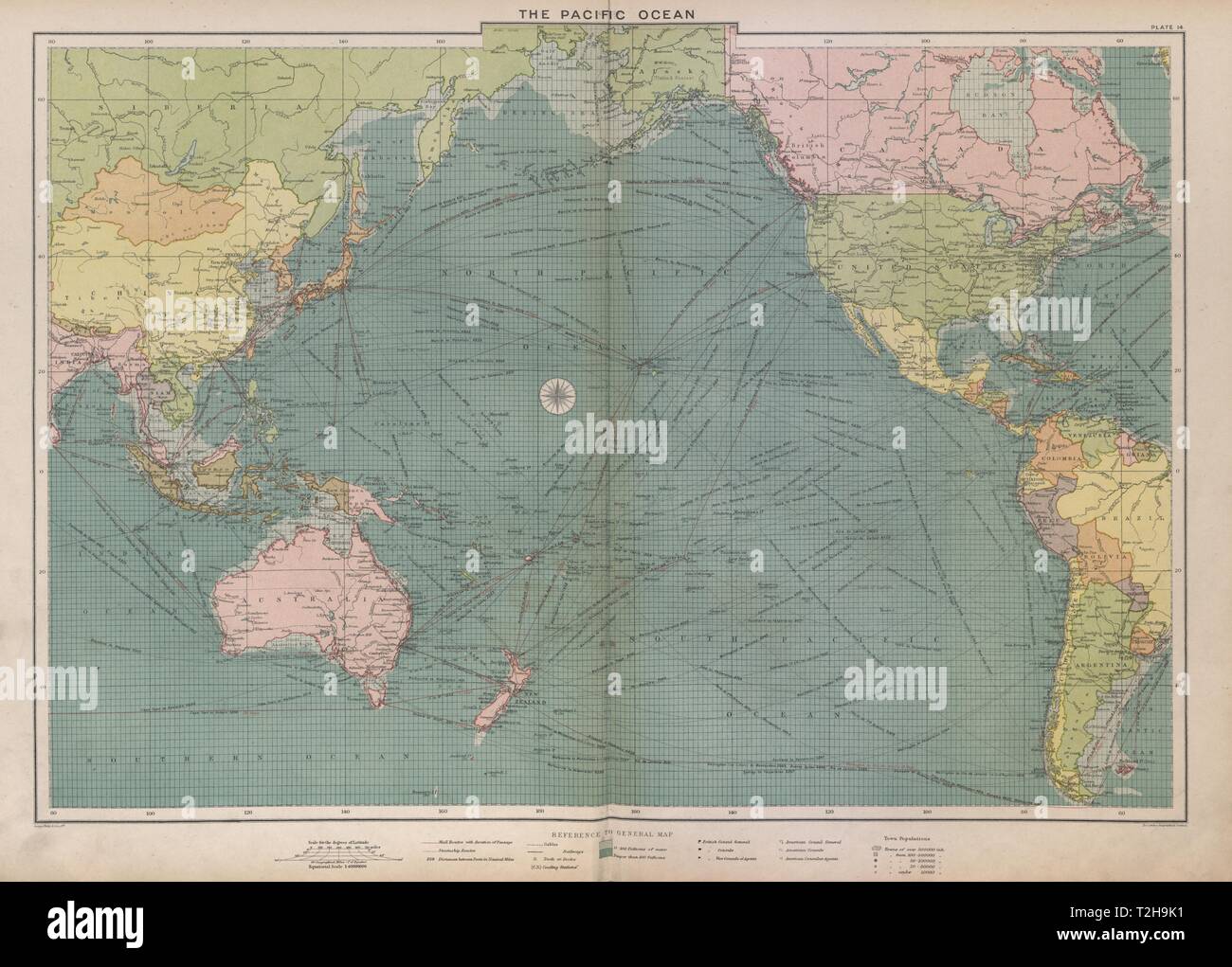 Pacific Ocean sea chart. Ports lighthouses mail routes dockyards LARGE ...