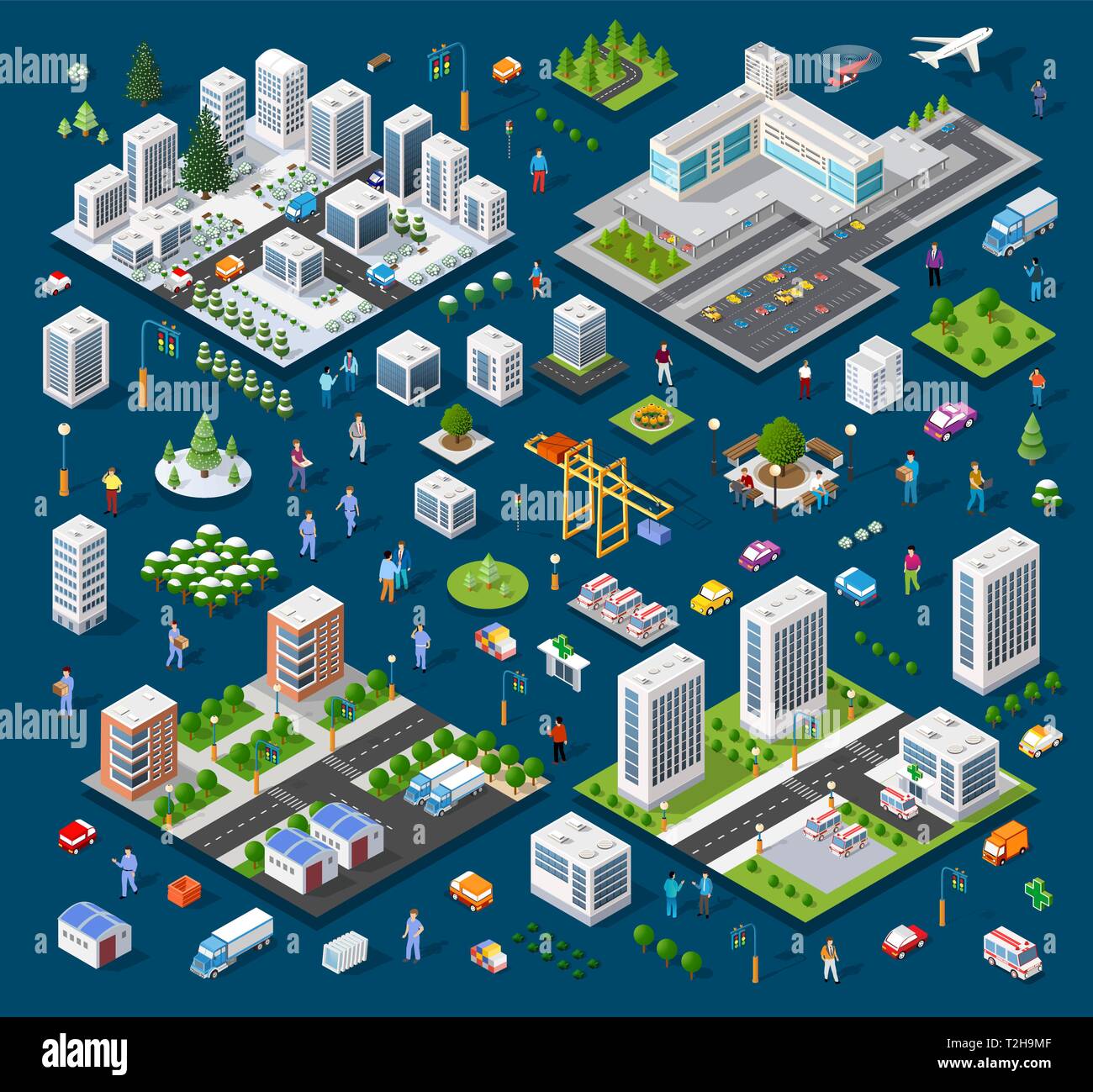 Isometric set module city with skyscrapers from urban building vector architecture. Modern ...