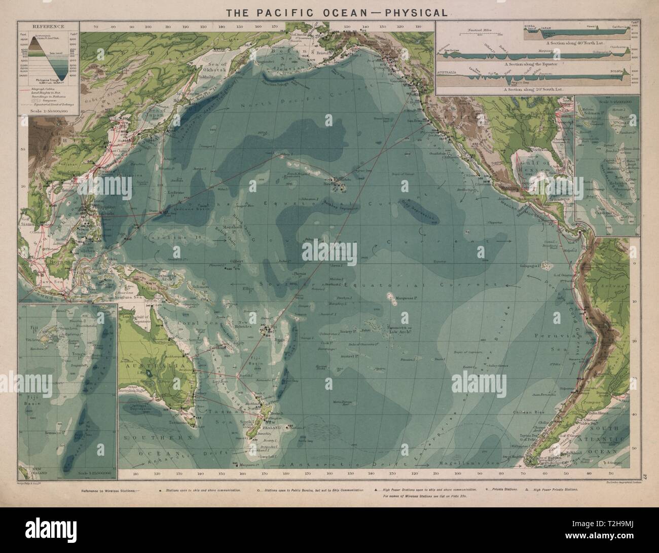 Pacific Ocean. Cables & Wireless Stations. Sections 1916 old antique ...
