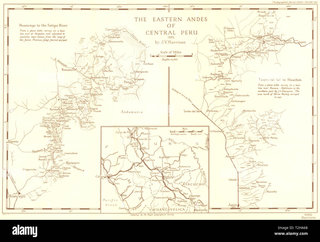 PERU. East Andes of Central 1945, V Harrison 1947 old vintage map plan ...