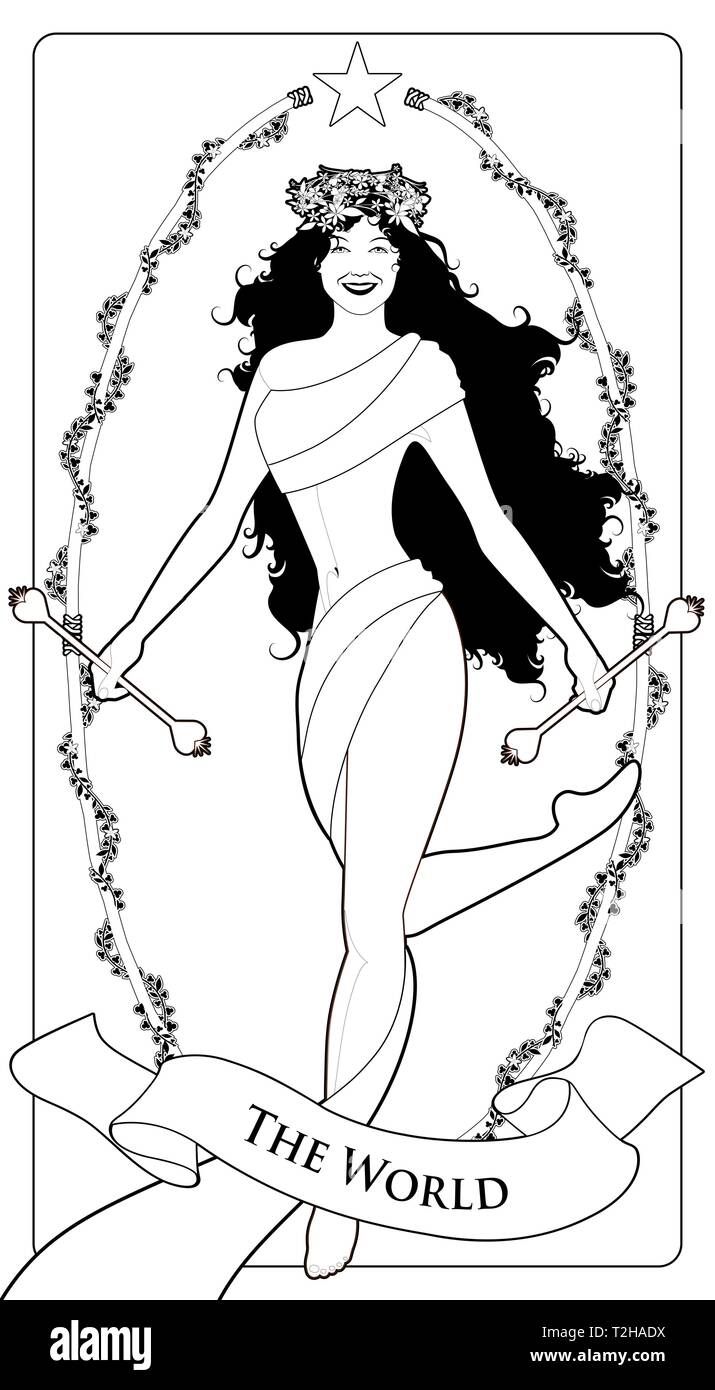 Major Arcana Tarot Cards.The World. Beautiful dancer girl, with long ...