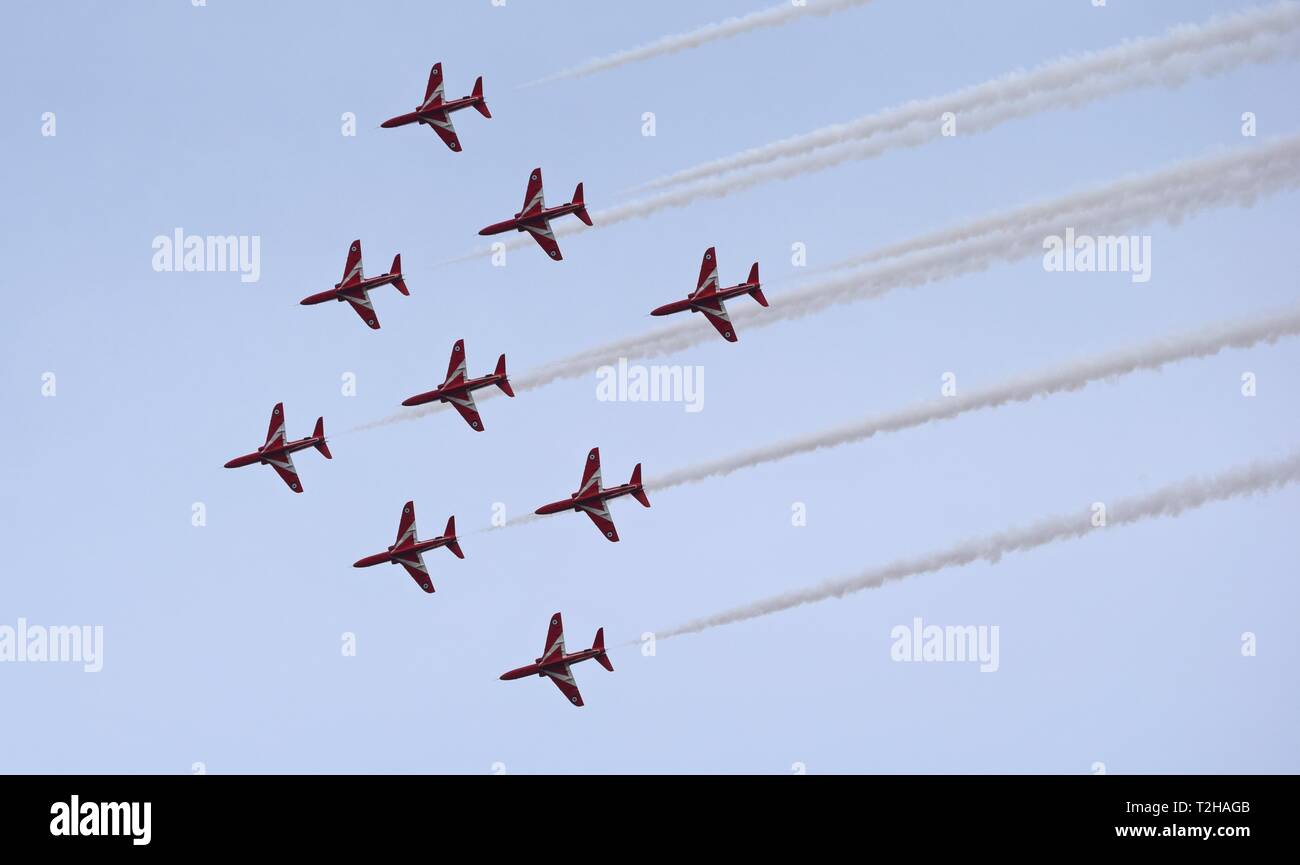 Red Arrows aerobatic display 170817 Stock Photo - Alamy