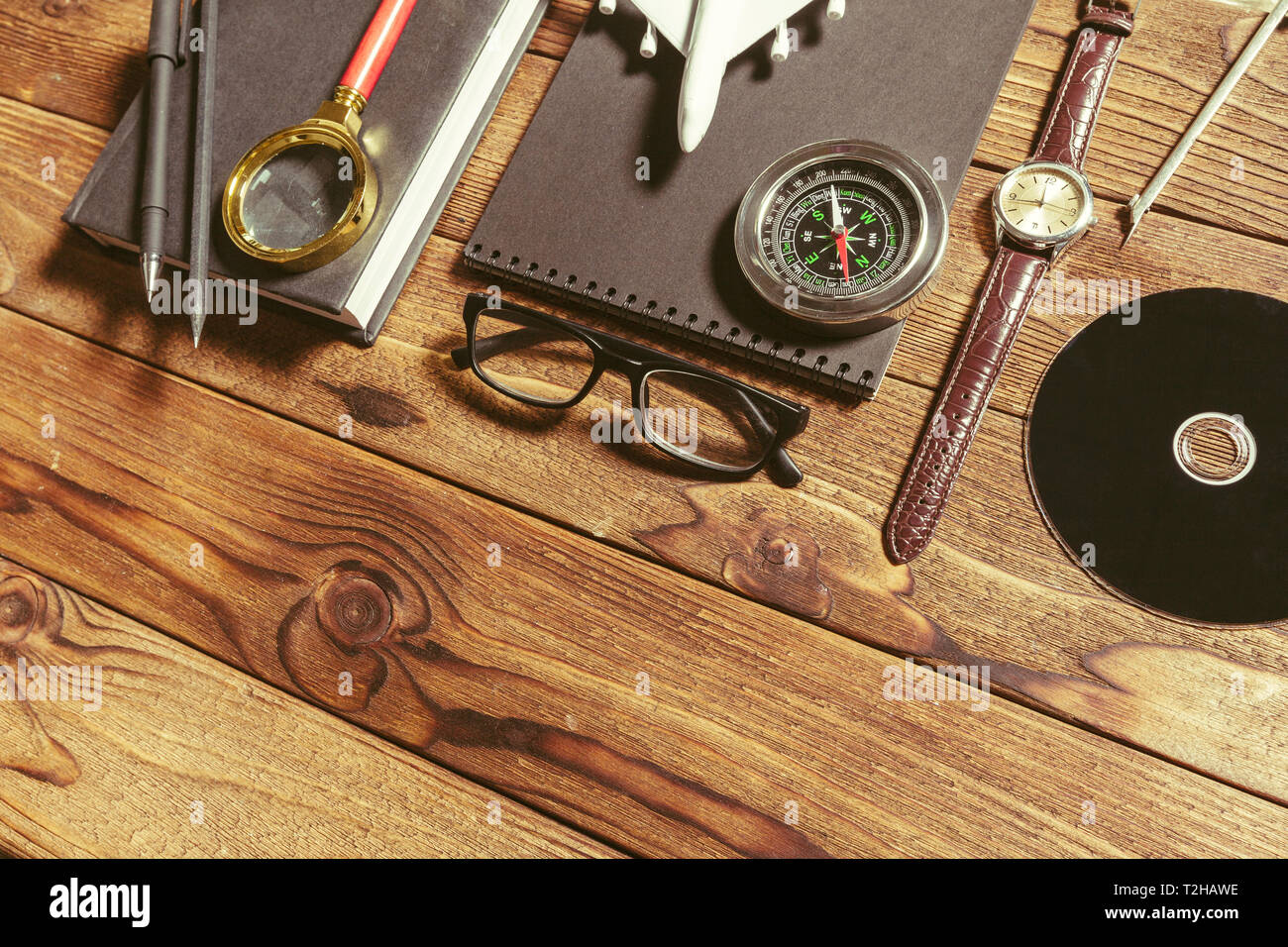 wooden desk with office tools Stock Photo - Alamy