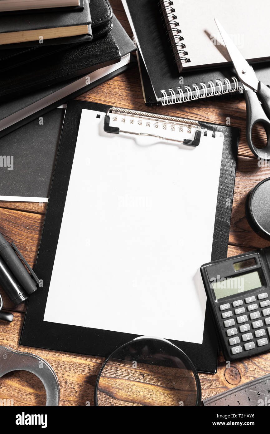 wooden desk with office tools Stock Photo - Alamy