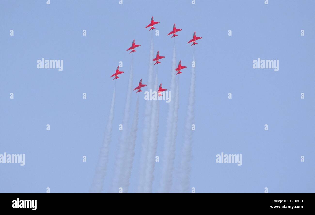 Red Arrows aerobatic display 170817 Stock Photo - Alamy
