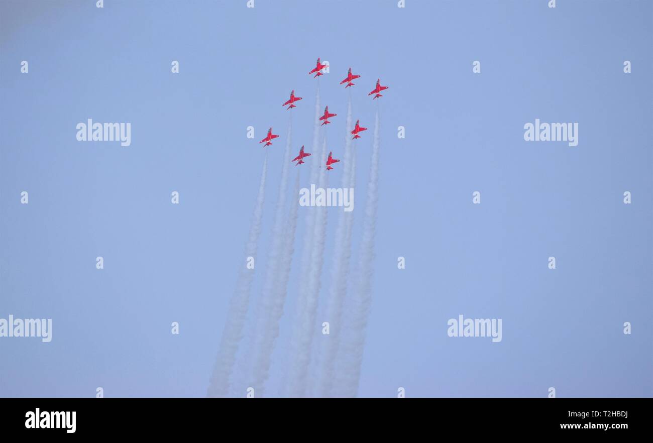 Red Arrows aerobatic display 170817 Stock Photo - Alamy