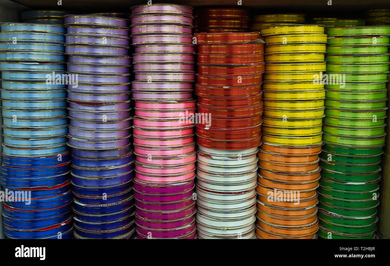 close up of stack of colorful ribbon on shelves Stock Photo - Alamy