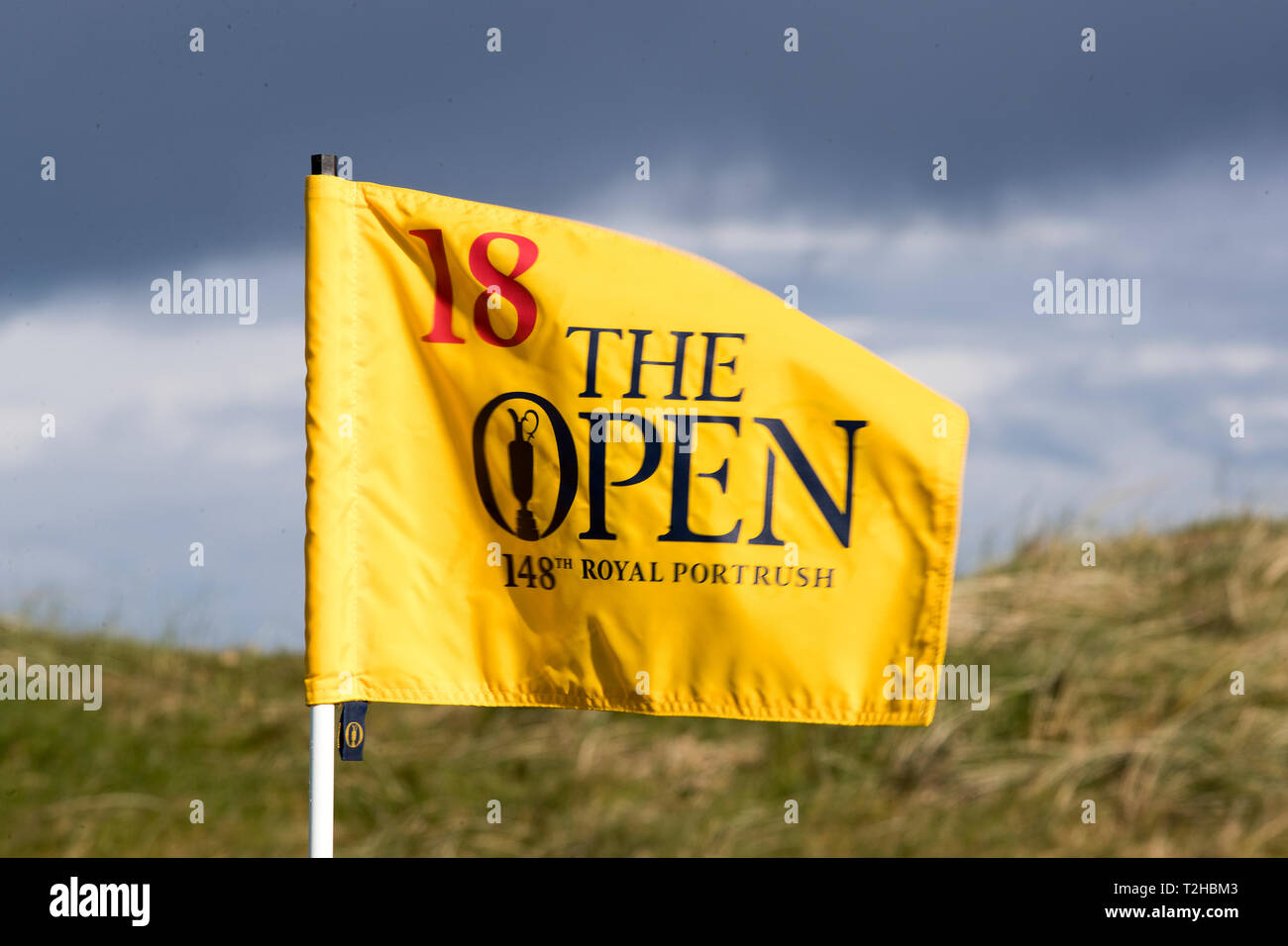 A general view of the view of the 18th hole flag at Royal Portrush Golf ...