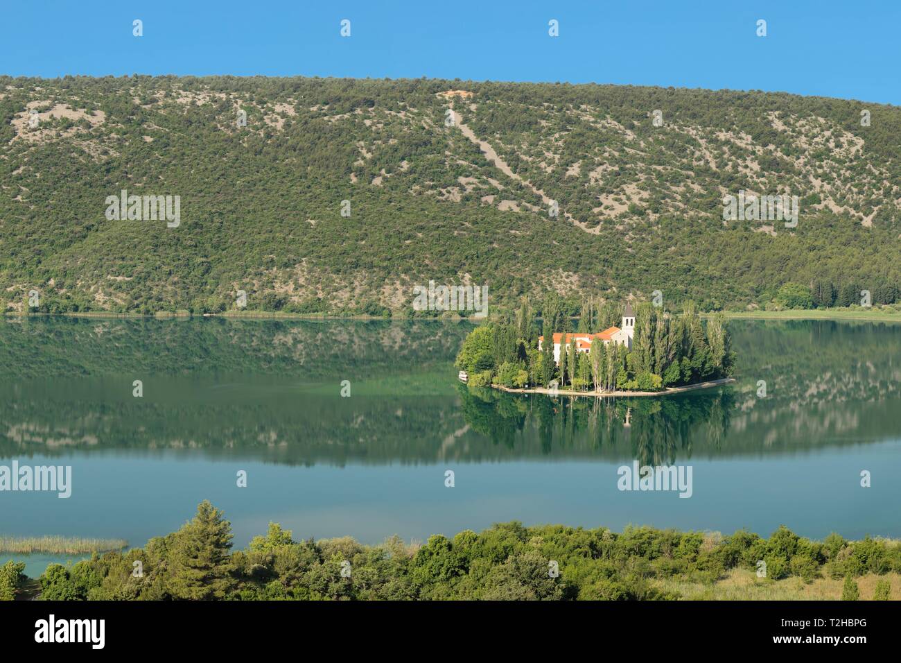 Visovac Monastery on the small island of Visovac, Krka National Park, Dalmatia, Croatia Stock ...