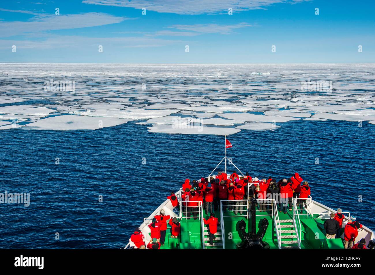 expedition ship in front of the pack ice, Arctic, Svalbard, Norway ...