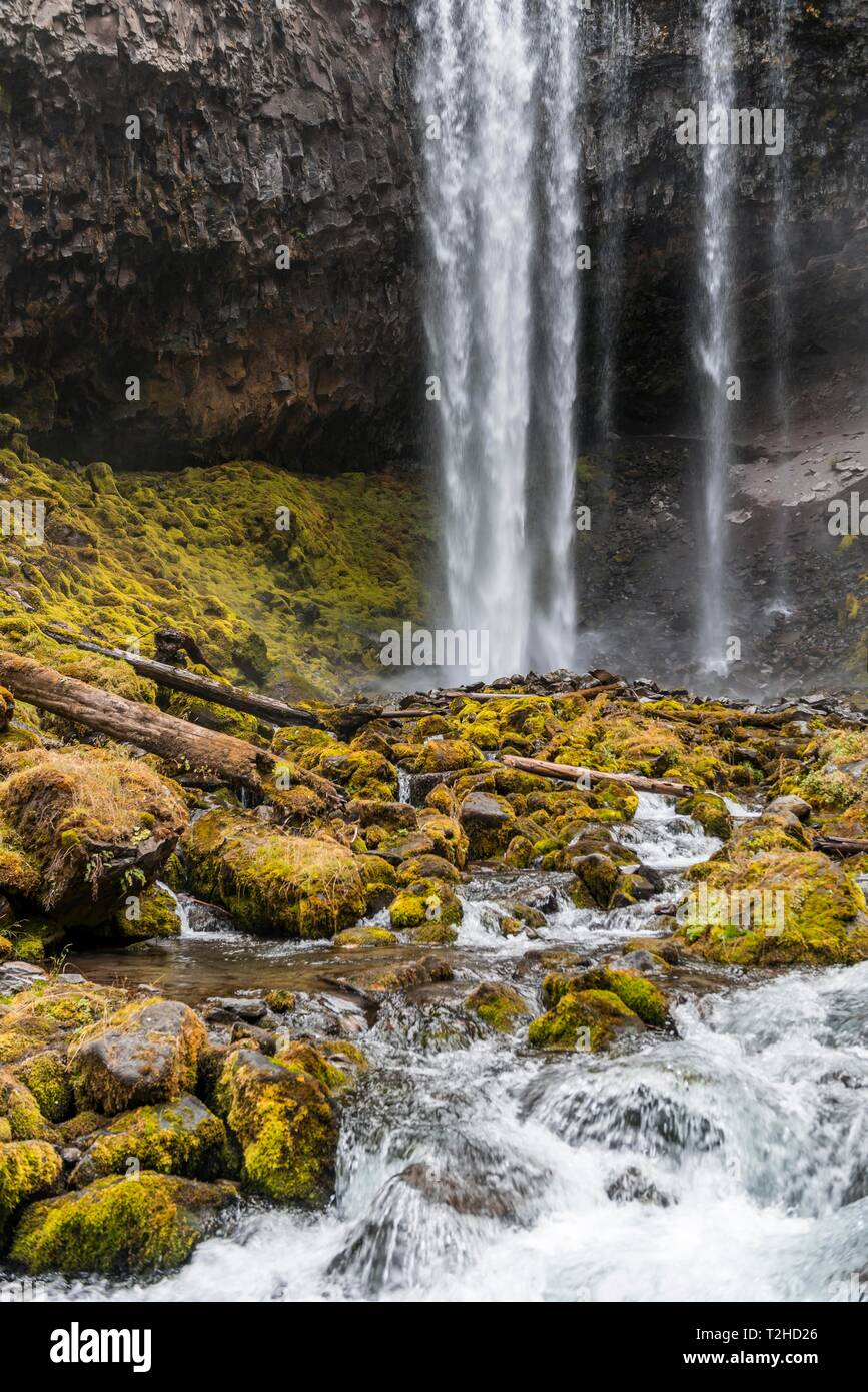 Waterfall plunges over rocky outcrop, Tamanawas Falls, Wild River Cold ...
