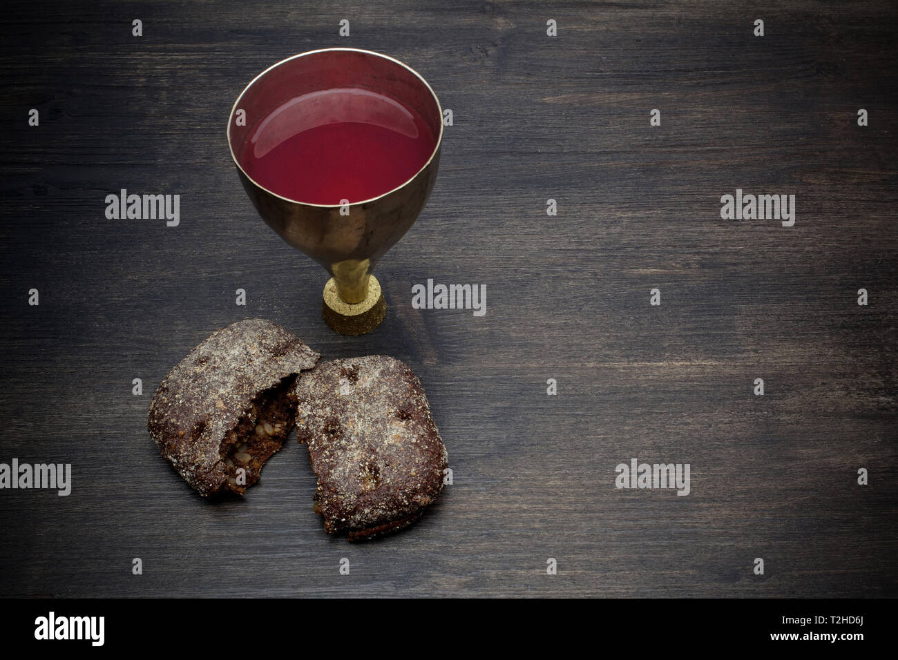 Communion And Passion - Unleavened Bread Chalice Of Wine on wooden ...