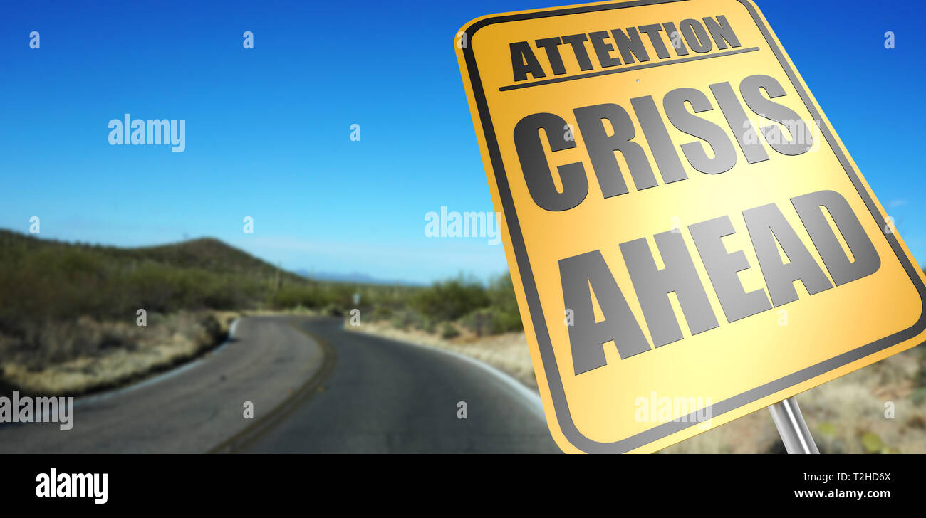 Crisis ahead road sign on a sky background and dessert road Stock Photo ...