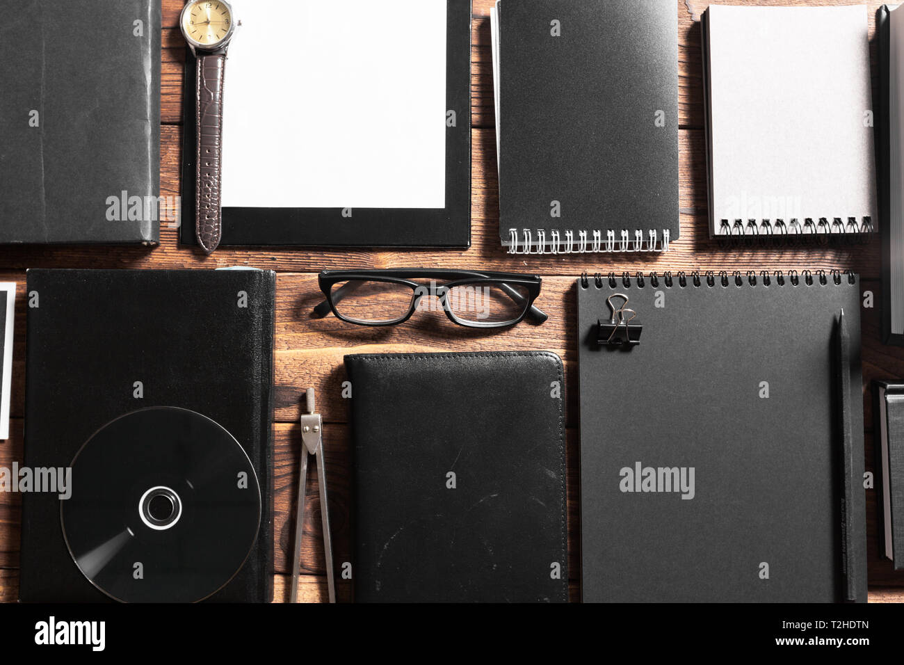 wooden desk with office tools Stock Photo - Alamy