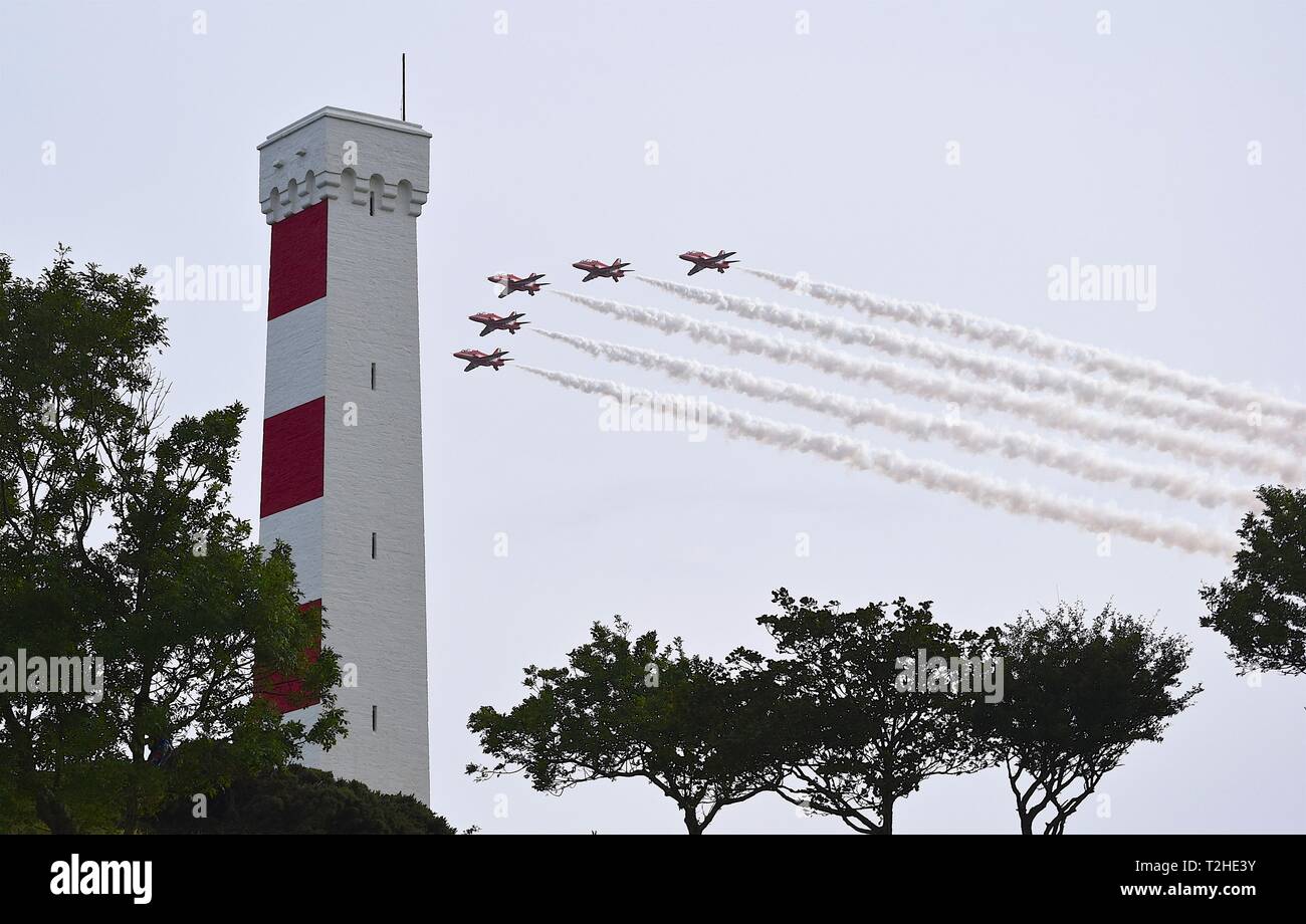 Red Arrows aerobatic display 170817 Stock Photo - Alamy