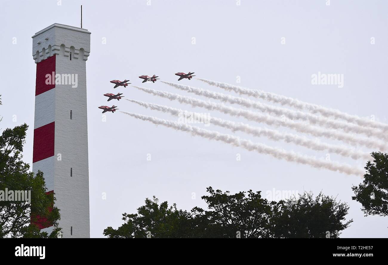Red Arrows aerobatic display 170817 Stock Photo - Alamy