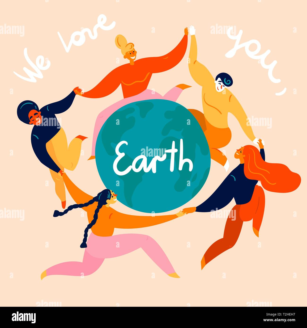 Group of diverse young women and man is dancing around the Earth globe ...