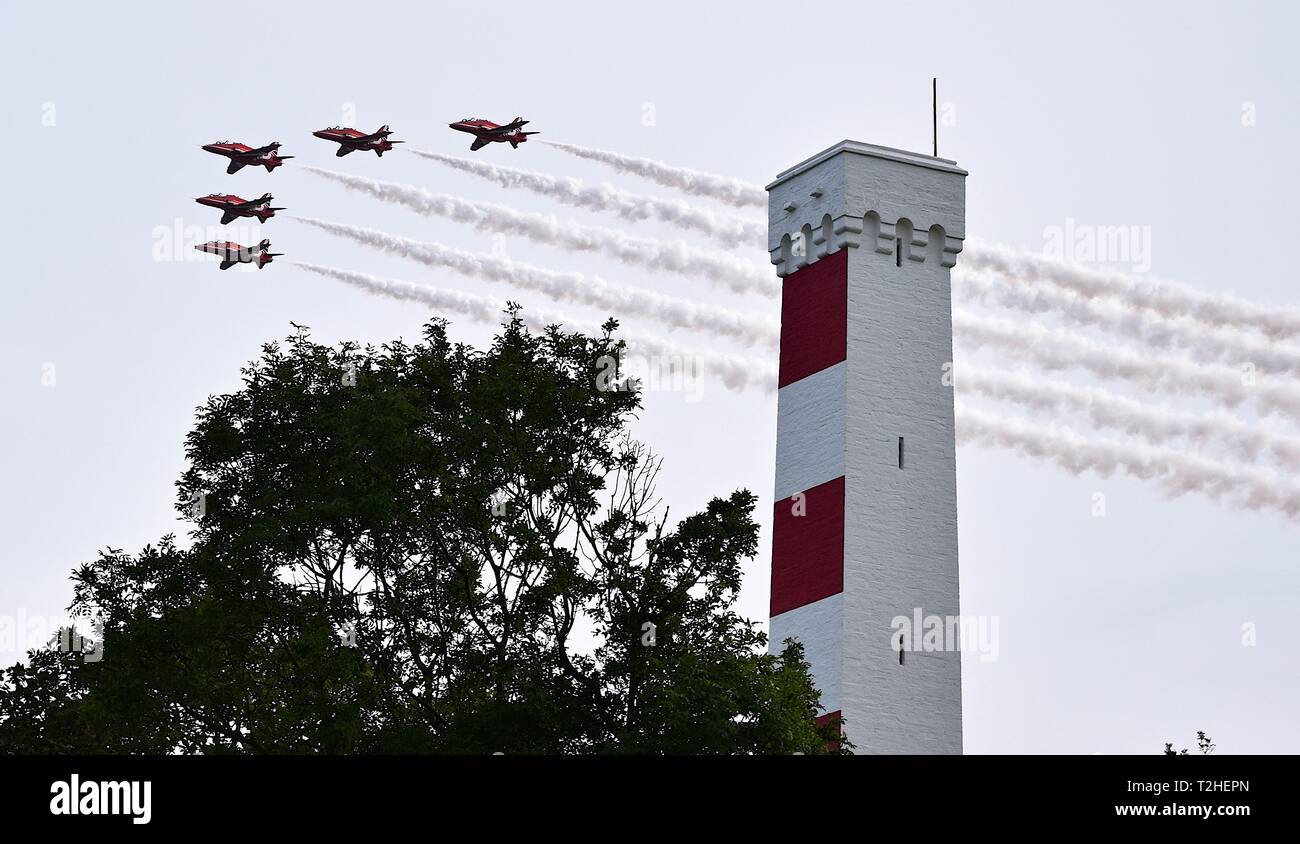 Red Arrows aerobatic display 170817 Stock Photo - Alamy