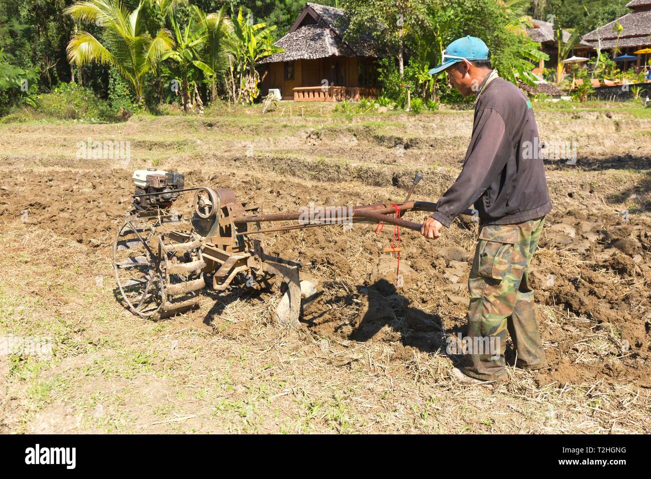 Rice farmer with motor plough on a rice field hi-res stock photography ...