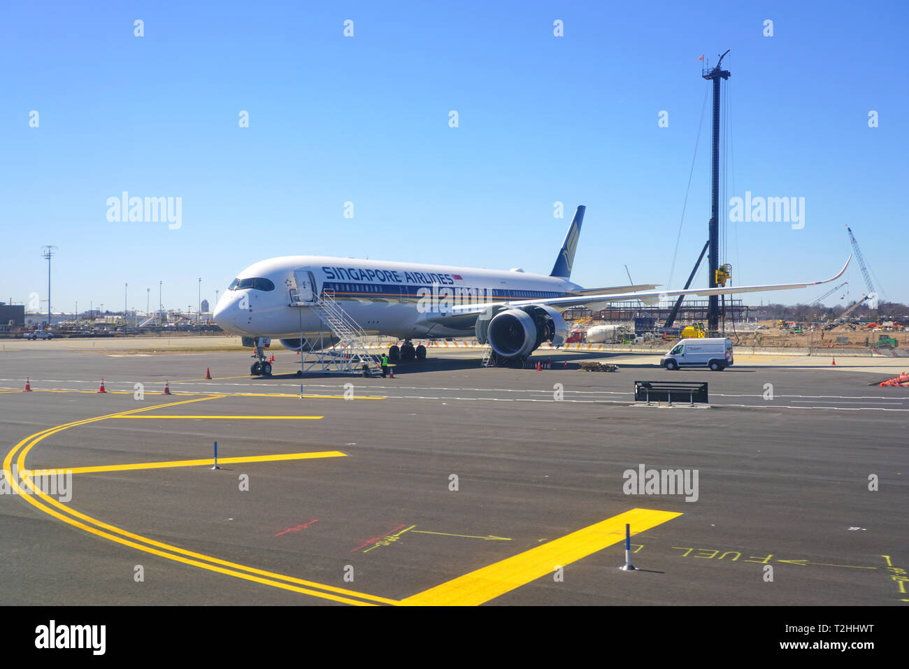 NEWARK, NJ -26 MAR 2019- View of an Airbus A350 ULR plane from ...