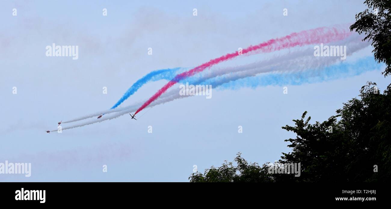 Red Arrows aerobatic display 170817 Stock Photo - Alamy
