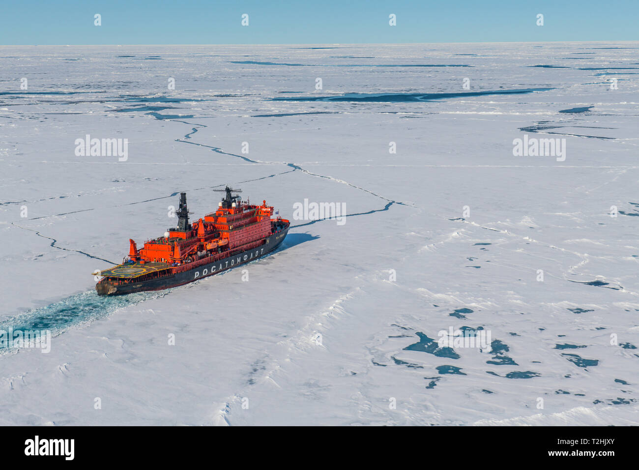 Aerial of the Icebreaker '50 years of victory' on its way to the North ...