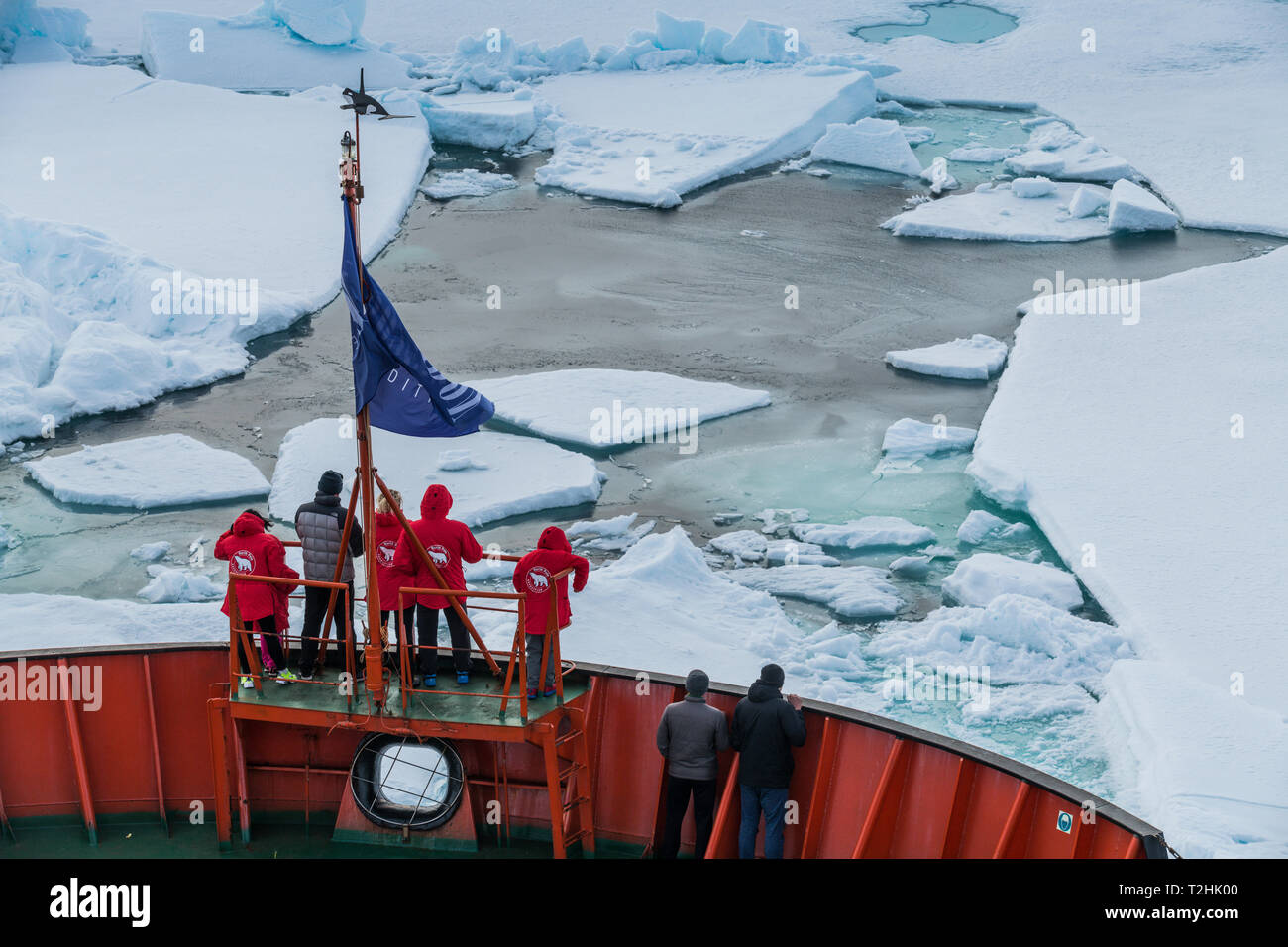 Tourists watching the ice breaking on board of an icebreaker, North ...