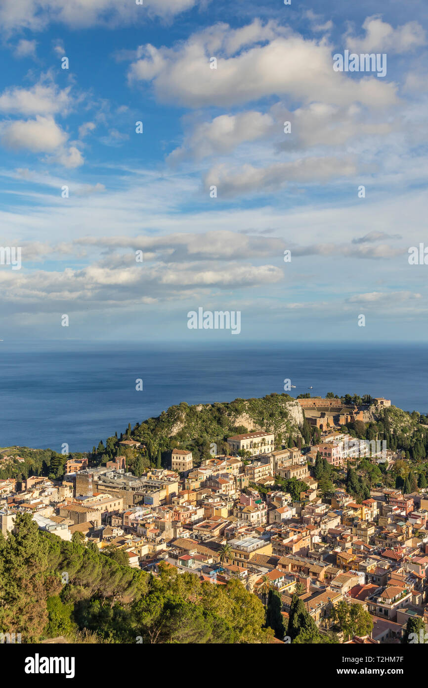 View from Madonna della Rocca church down to the city centre, Taormina ...
