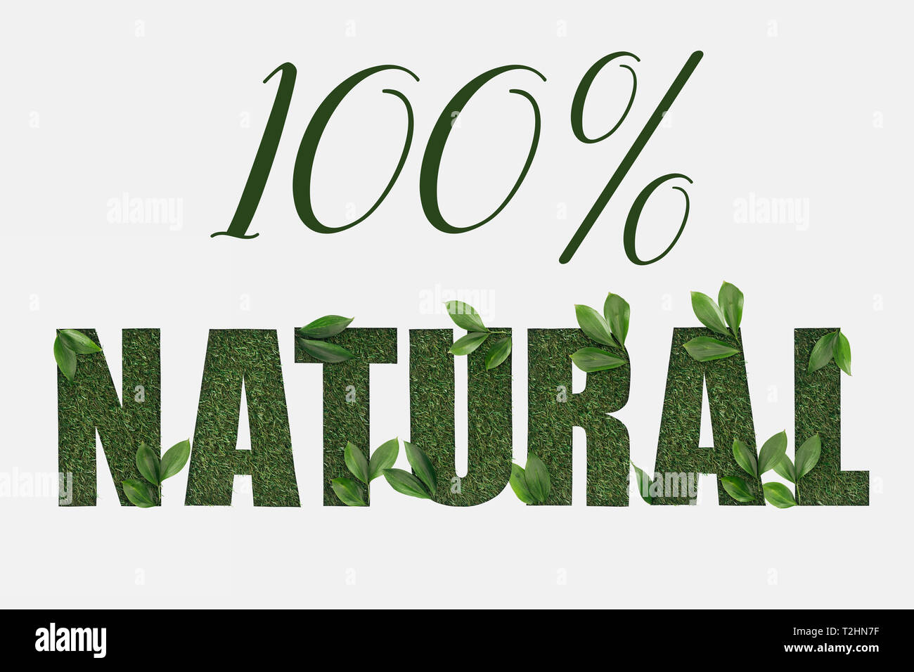 top view of 100 % natural lettering with green fresh leaves isolated on ...