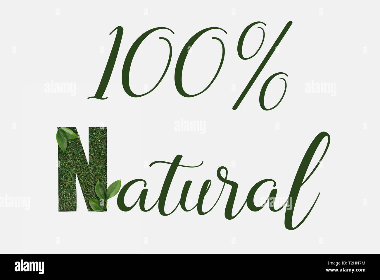 top view of 100 % natural lettering with green leaves isolated on white ...
