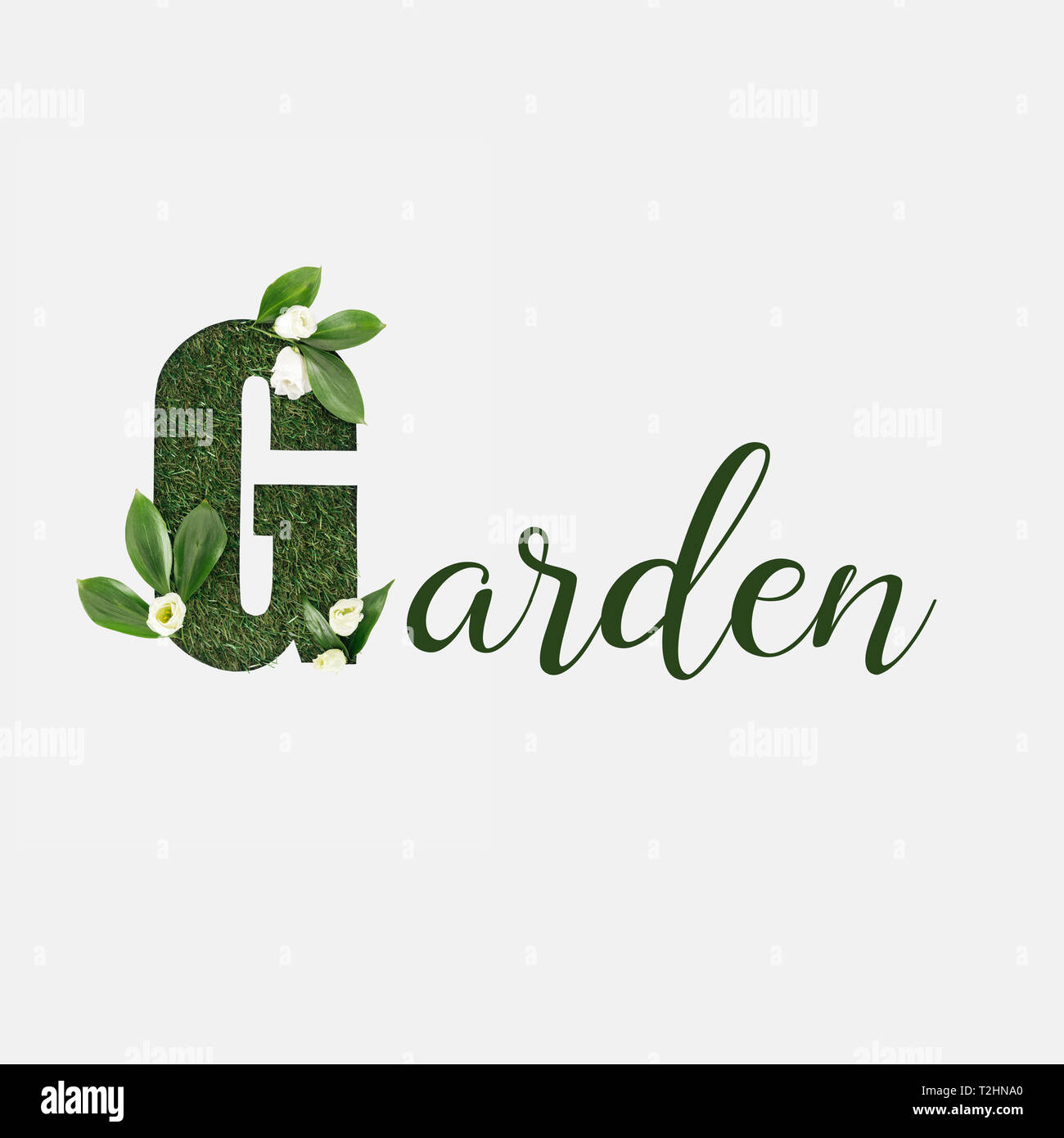 top view of garden lettering with green leaves and flowers isolated on ...