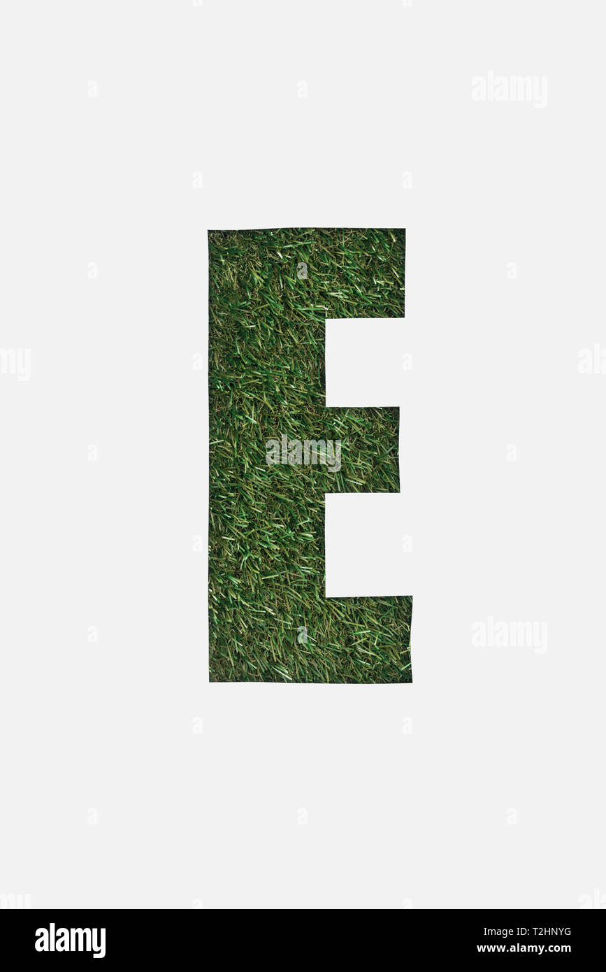 top view of cut out E letter on green grass background isolated on ...