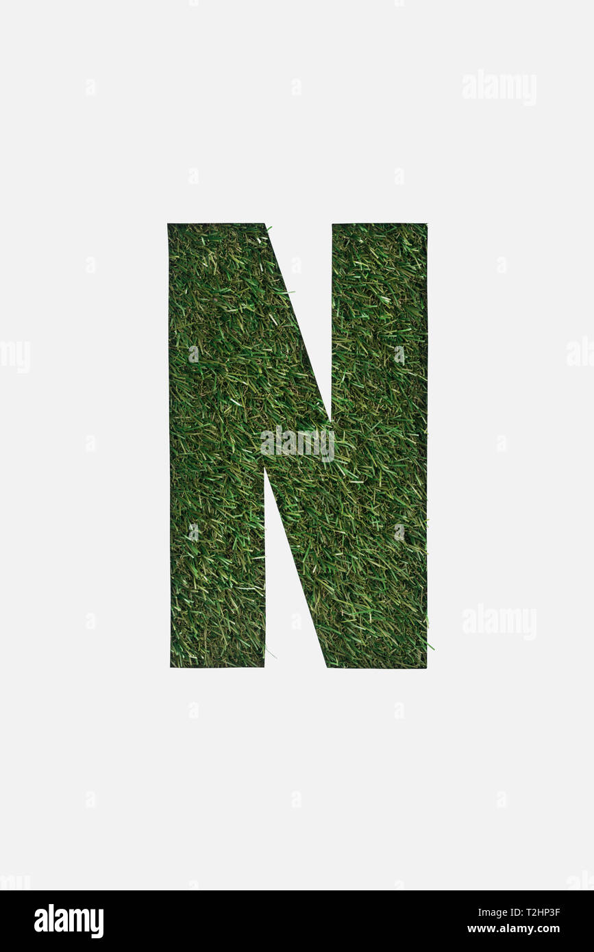 top view of cut out N letter on green grass background isolated on ...