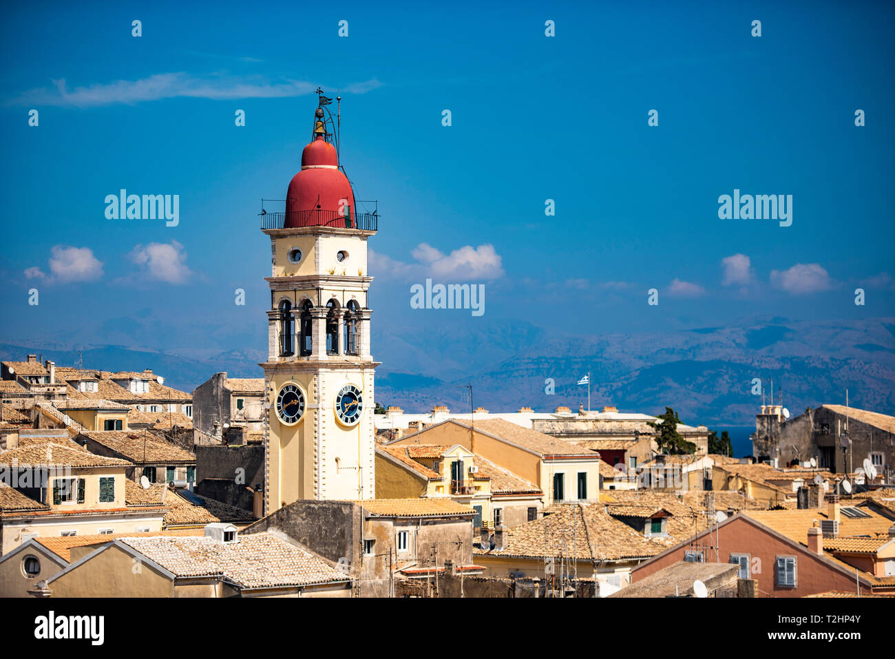 Cityscape of Corfu's old town with clock tower in Greece, Europe Stock ...