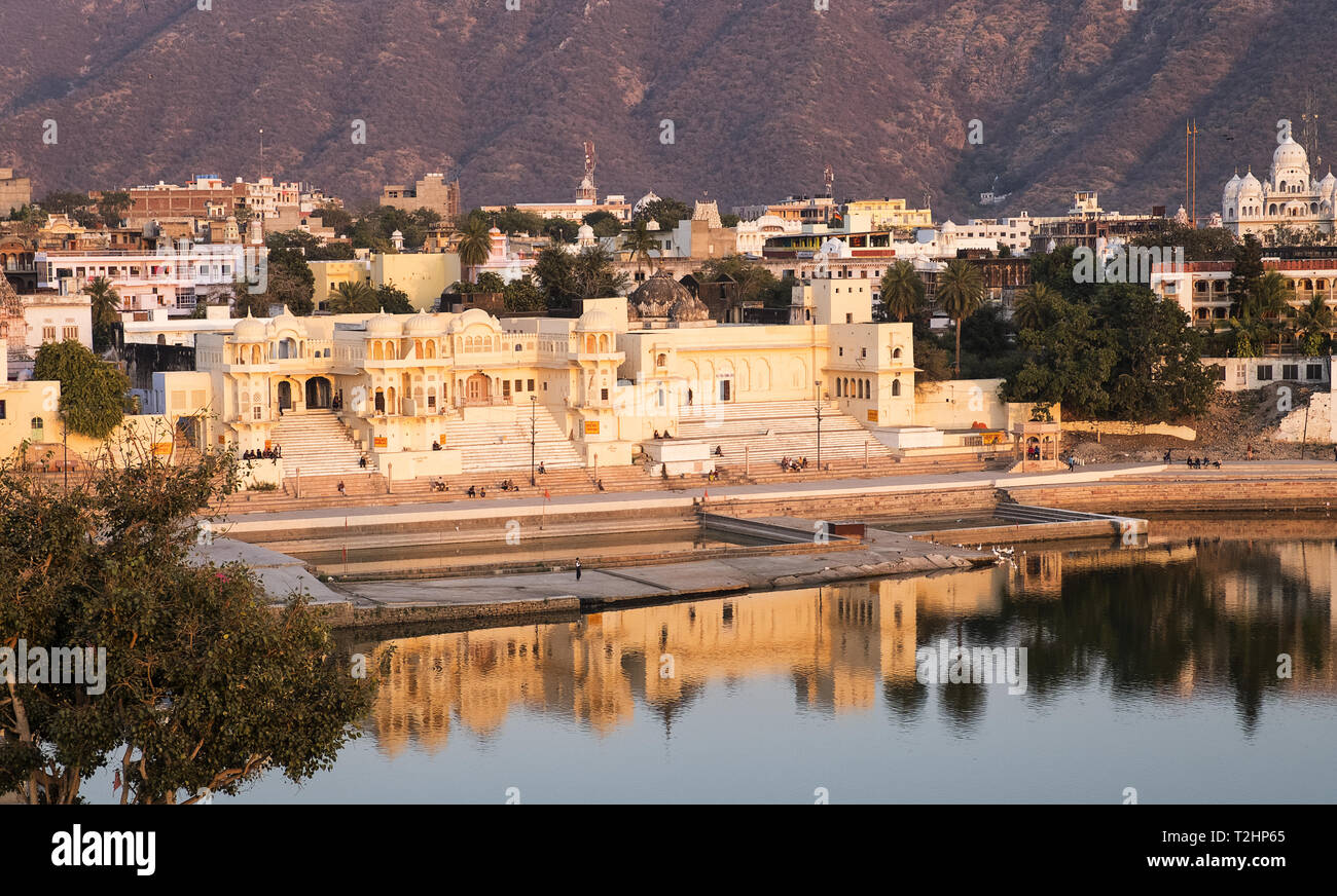 Pushkar town by Pushkar Lake at sunset in India, Asia Stock Photo - Alamy