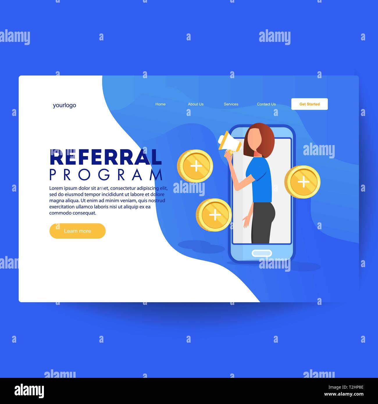 Refer a friend concept vector illustration with woman speaking through ...